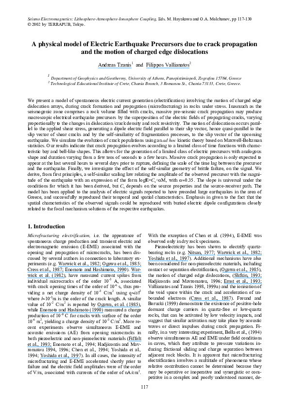 (PDF) A physical model of Electric Earthquake Precursors due to crack ...