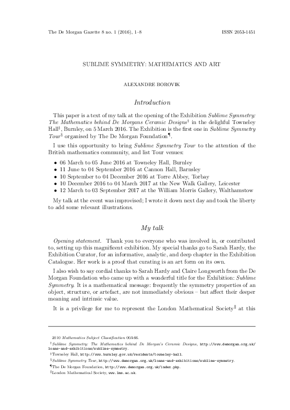 (PDF) SUBLIME SYMMETRY: MATHEMATICS AND ART