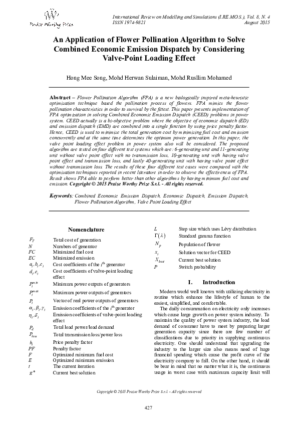 (PDF) An Application of Flower Pollination Algorithm to Solve Combined Economic Emission ...