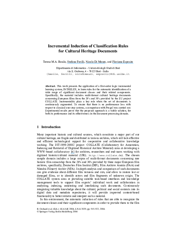 (PDF) Incremental Induction of Classification Rules for Cultural Heritage Documents
