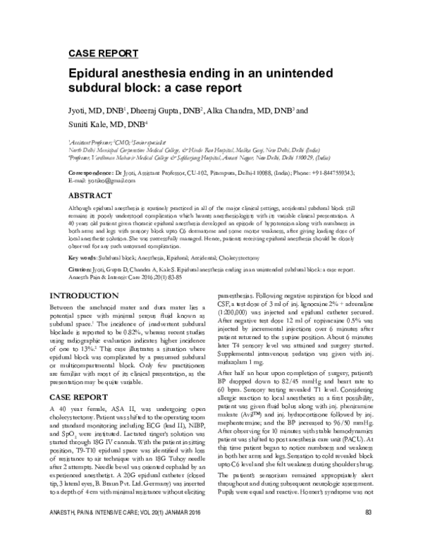 (PDF) Epidural anesthesia ending in an unintended subdural block: a ...