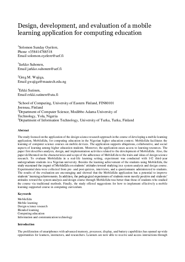 Pdf Design Development And Evaluation Of A Mobile Learning Application For Computing Education