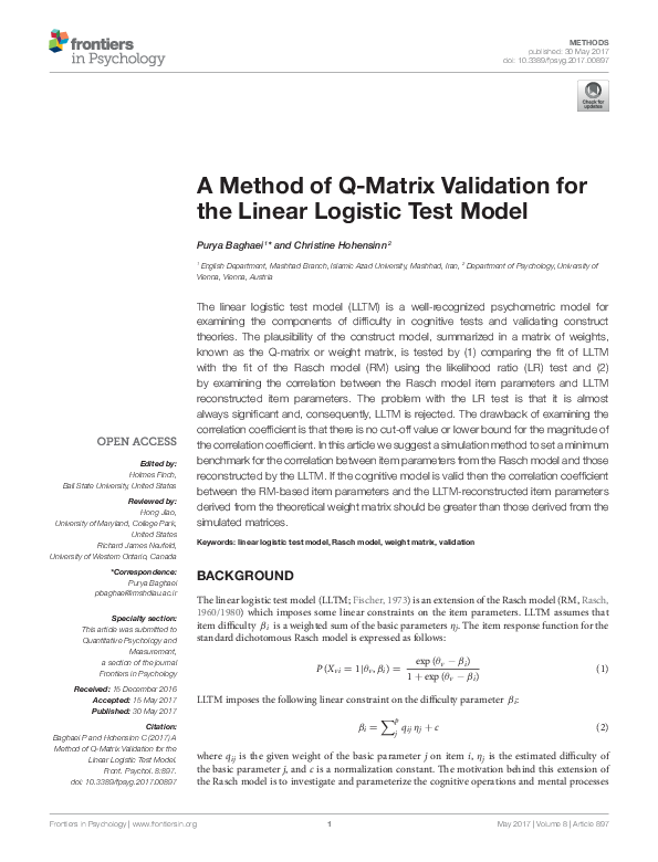 Pdf A Method Of Q Matrix Validation For The Linear Logistic Test Model