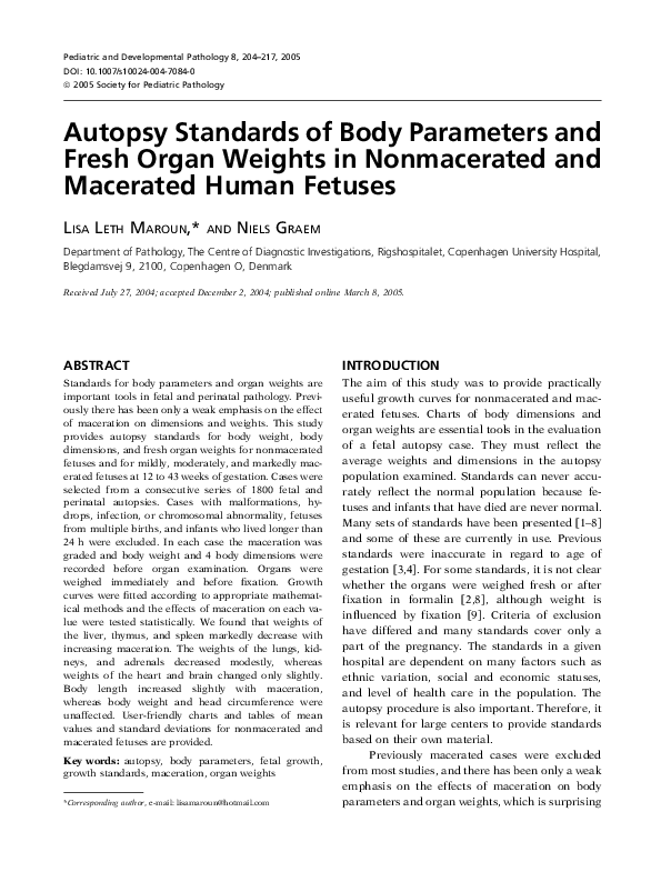 (PDF) Autopsy Standards of Body Parameters and Fresh Organ Weights in ...