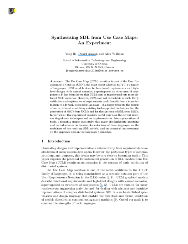 Pdf Synthesizing Sdl From Use Case Maps An Experiment Daniel Amyot