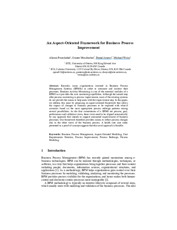 Pdf Toward An Aspect Oriented Framework For Business Process Improvement Daniel Amyot