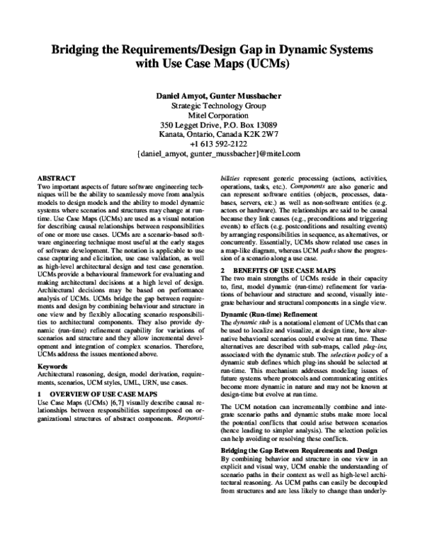 Pdf Bridging The Requirementsdesign Gap In Dynamic Systems With Use Case Maps Ucms Daniel