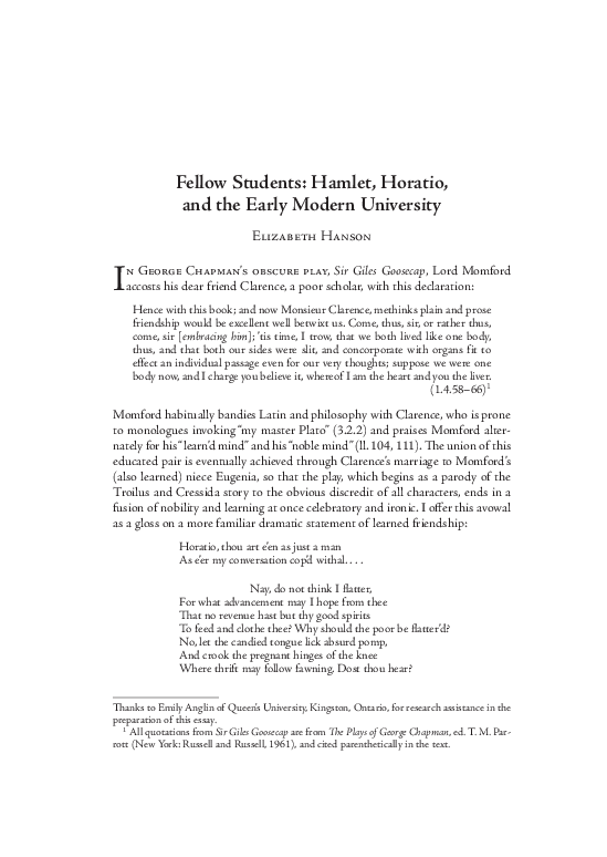 (PDF) Fellow Students: Hamlet, Horatio, and the Early Modern University