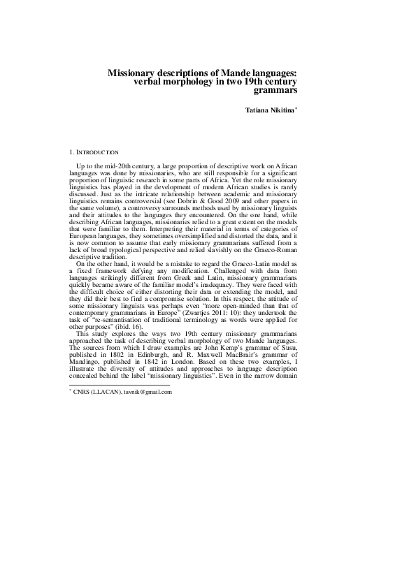 (PDF) Missionary descriptions of Mande languages: verbal morphology in ...