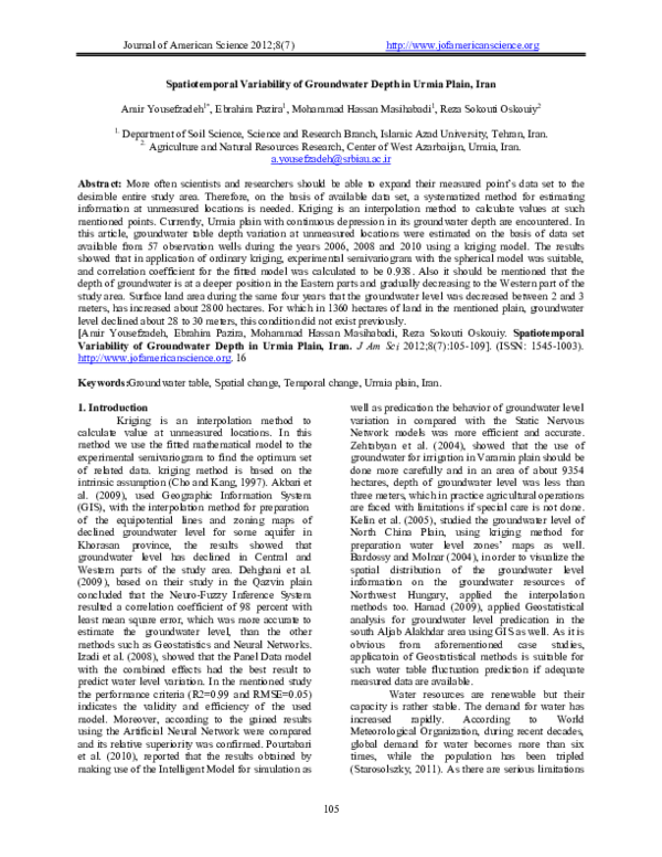Pdf Spatiotemporal Variability Of Groundwater Depth In Urmia Plain Iran