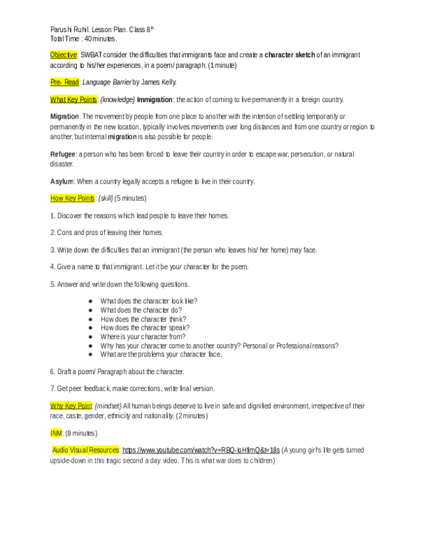 (DOC) Lesson Plan for secondary classrooms on Immigration