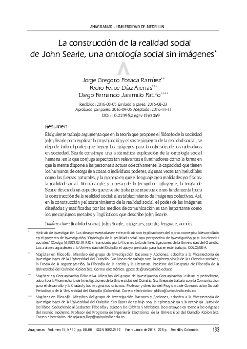 (PDF) La construcción de la realidad social de John Searle, una ontología social sin imágenes