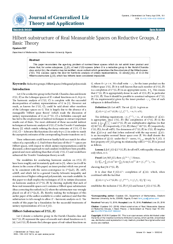 Pdf Hilbert Substructure Of Real Measurable Spaces On Reductive Groups I Basic Theory