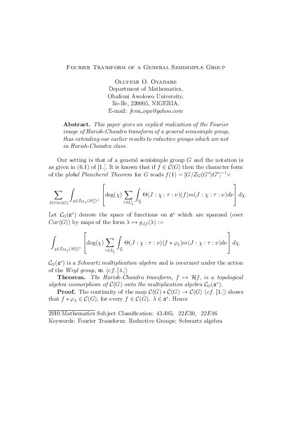 (PDF) Fourier Transform of a General Semisimple Group
