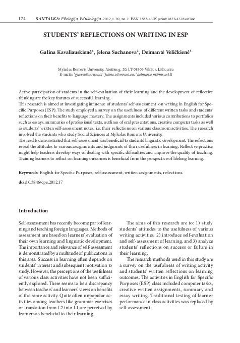 (PDF) STUDENTS' REFLECTIONS ON WRITING IN ESP