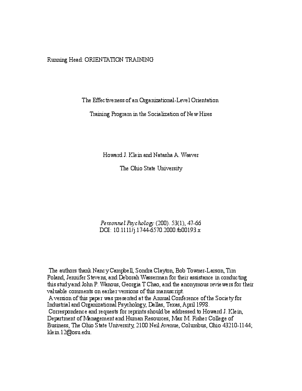 (DOC) The Effectiveness of an Organizational-Level Orientation Training ...