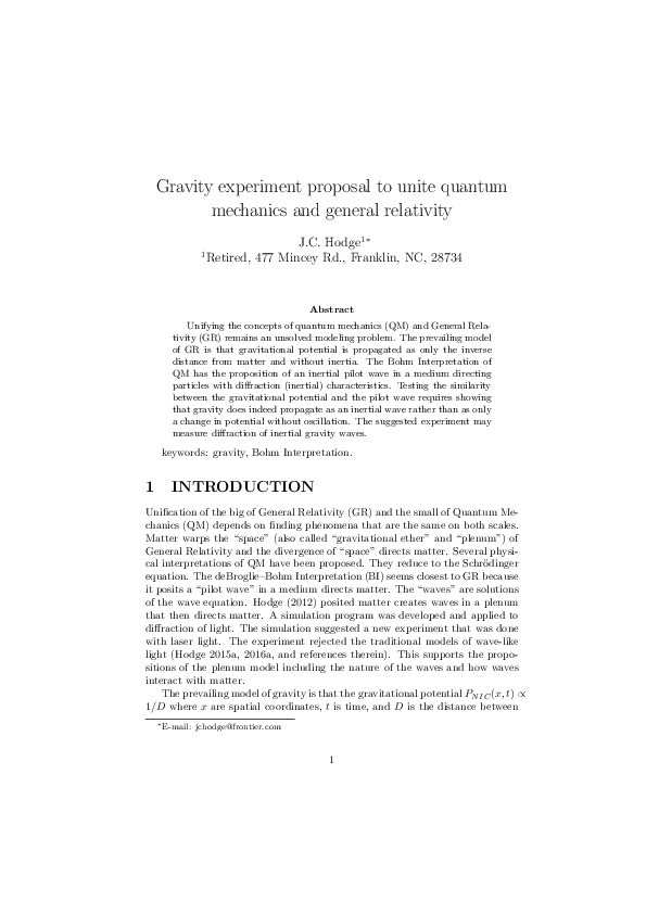 (PDF) Gravity experiment proposal to unite quantum mechanics and general relativity