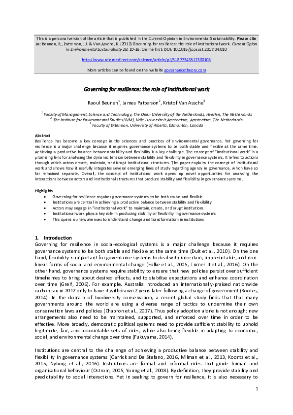 (PDF) Governing for resilience: the role of institutional work