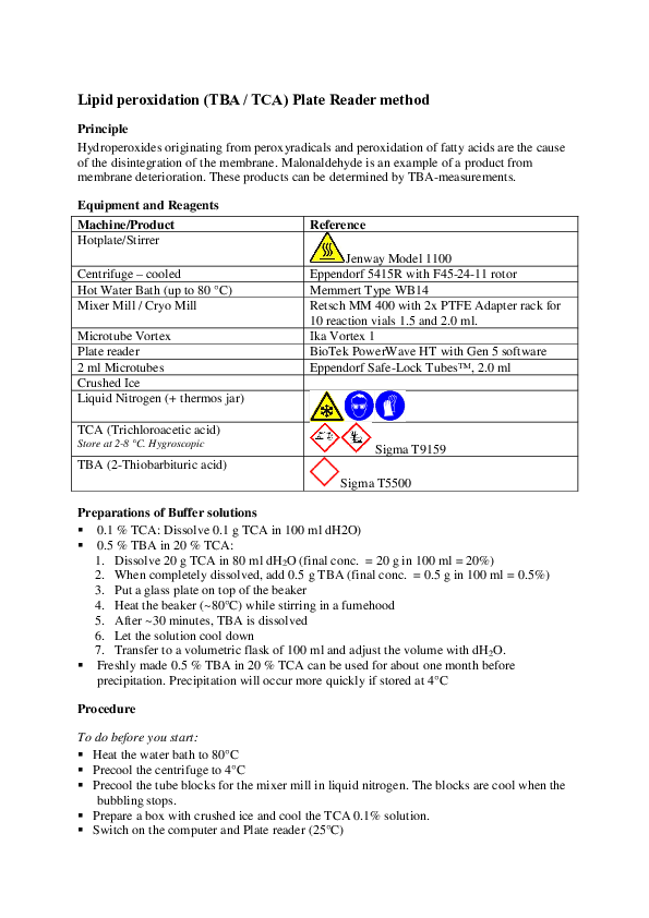 (PDF) Lipid peroxidation (TBA / TCA) Plate Reader method