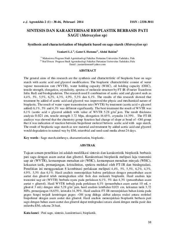 (PDF) SINTESIS DAN KARAKTERISASI BIOPLASTIK BERBASIS PATI SAGU ...