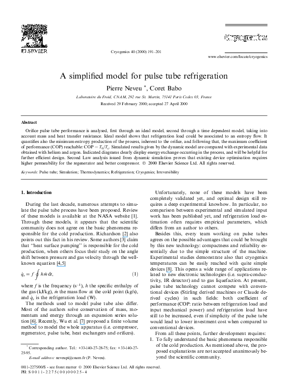 (PDF) A simplified model for pulse tube refrigeration