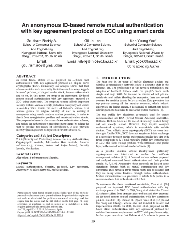 (PDF) An anonymous ID-based remote mutual authentication with key agreement protocol on ECC ...