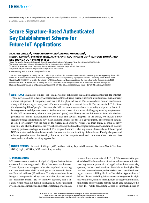 (PDF) Secure Signature-Based Authenticated Key Establishment Scheme for Future IoT Applications