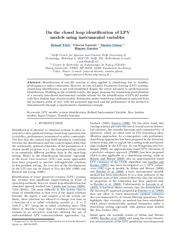 Pdf On The Closed Loop Identification Of Lpv Models Using Instrumental Variables Hugues