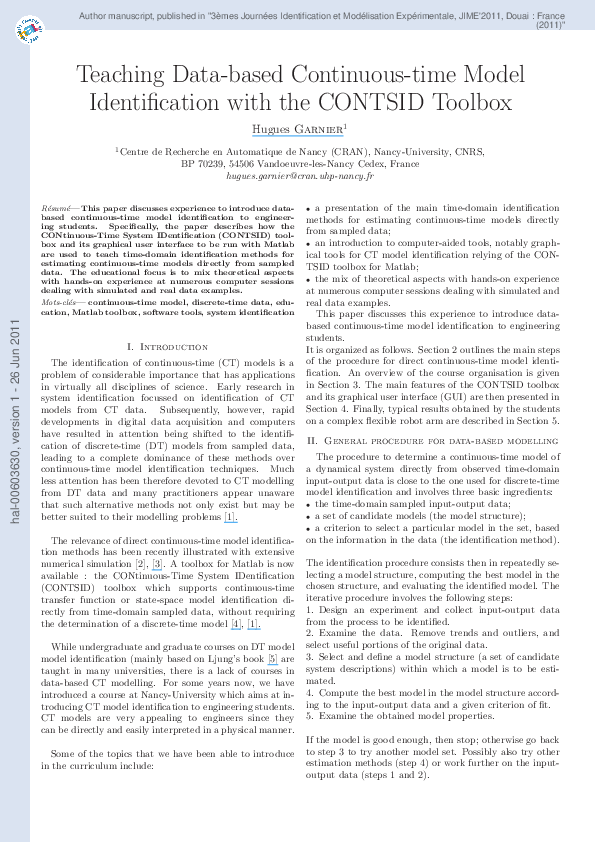 Pdf Teaching Data Based Continuous Time Model Identification With The Contsid Toolbox For Matlab