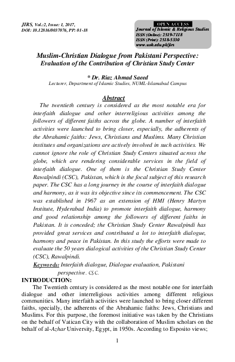 (PDF) Muslim-Christian Dialogue from Pakistani Perspective: Evaluation ...