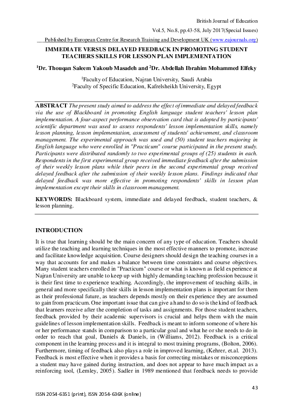 (PDF) Immediate versus Delayed Feedback in Promoting Student Teachers ...