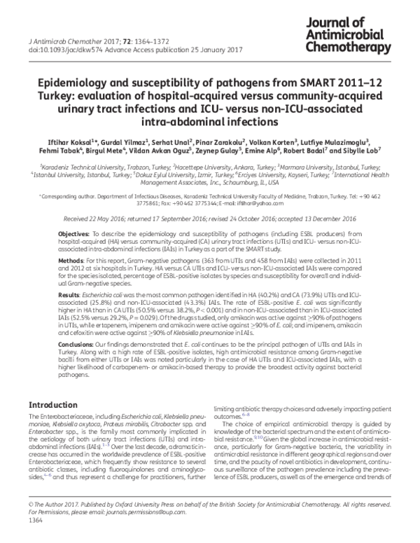 (PDF) Epidemiology and susceptibility of pathogens from SMART 2011–12 Turkey: evaluation of ...