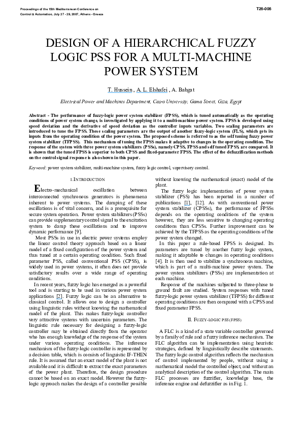 Pdf Design Of A Hierarchical Fuzzy Logic Pss For A Multi Machine Power System