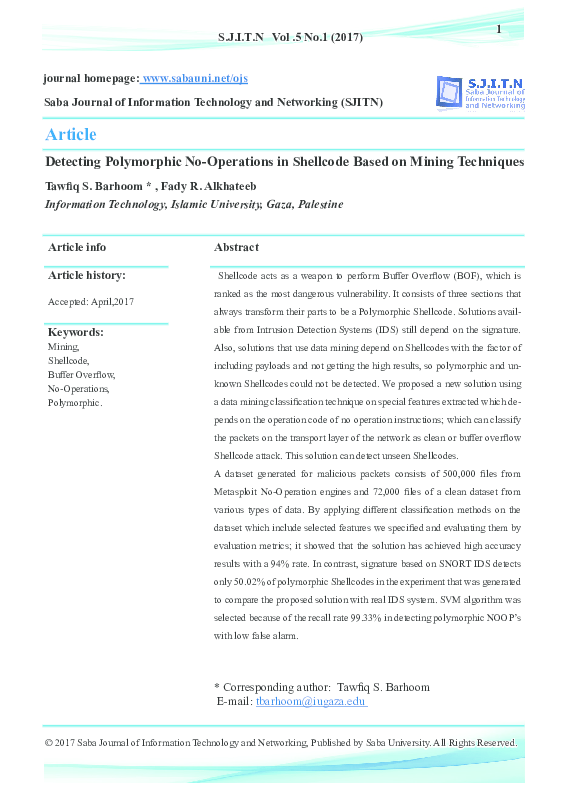 Pdf Vol 5 No 1 Detecting Polymorphic No Operations In Shellcode Based