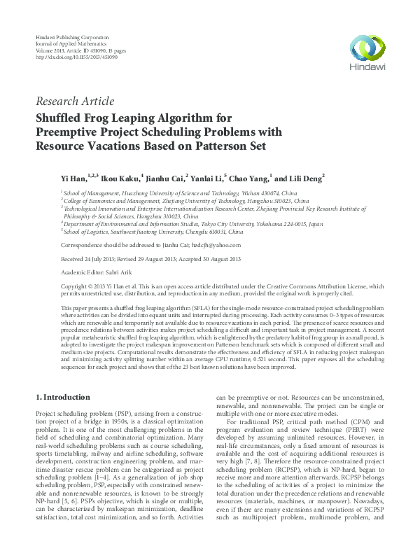 Pdf Shuffled Frog Leaping Algorithm For Preemptive Project Scheduling