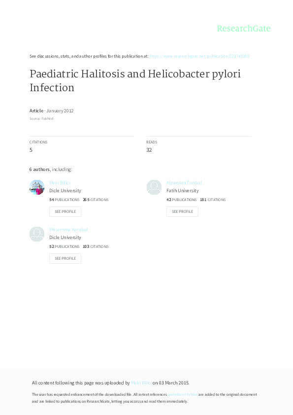 (PDF) Paediatric Halitosis and Helicobacter pylori Infection