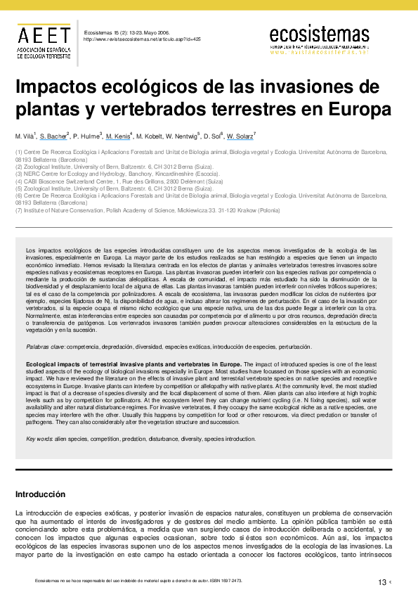 (PDF) Impactos ecológicos de las invasiones de plantas y vertebrados ...