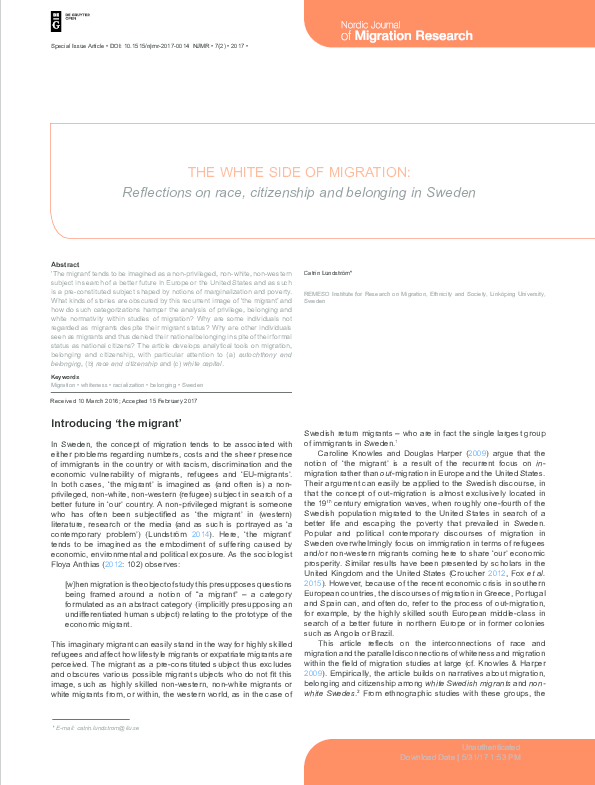 (PDF) The White Side of Migration: Reflections on Race, Citizenship and ...