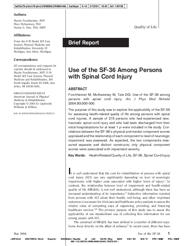 (PDF) Use of the SF-36 Among Persons with Spinal Cord Injury