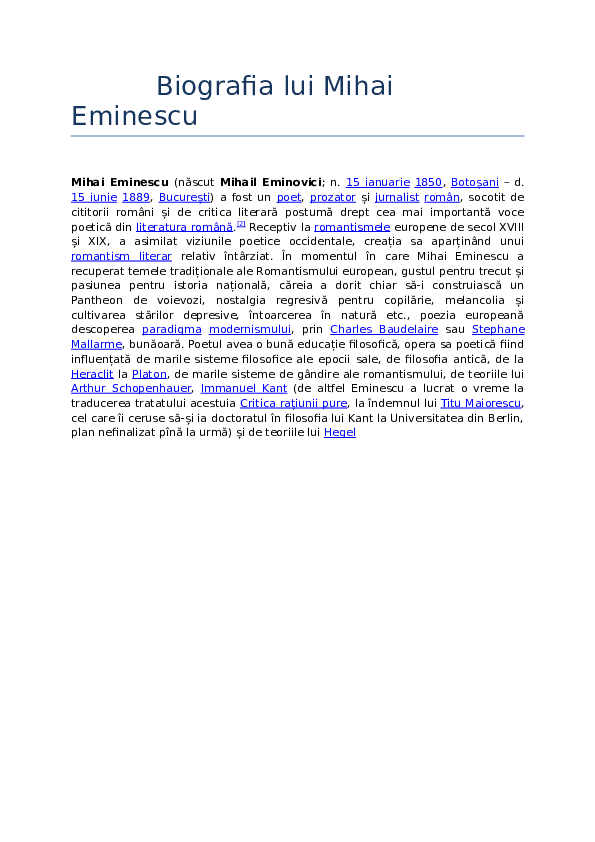 (DOC) Biografia lui Mihai Eminescu