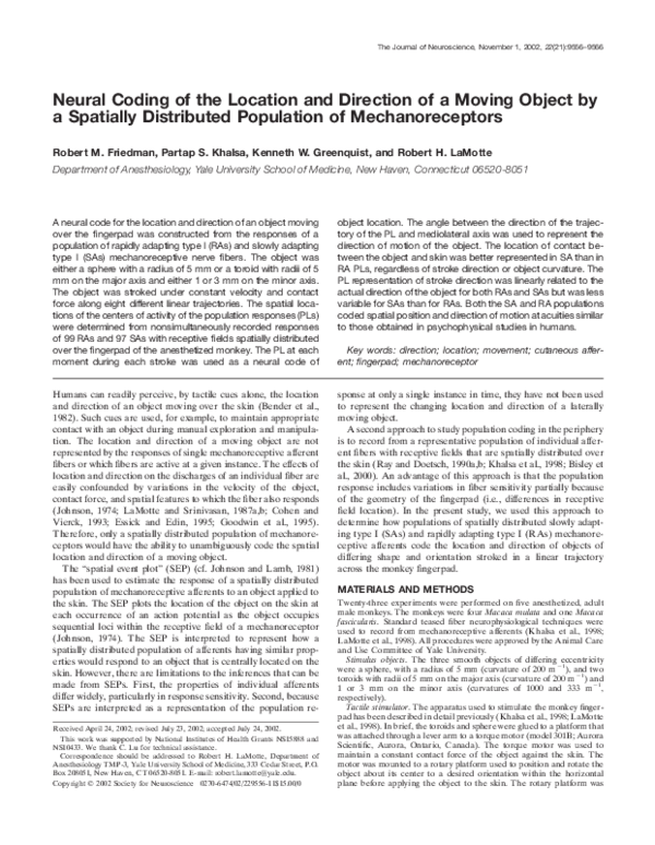 Pdf Neural Coding Of The Location And Direction Of A Moving Object By A Spatially Distributed