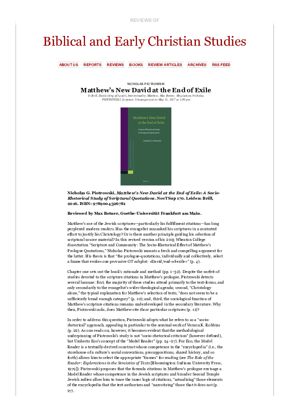 (PDF) Nicholas G. Piotrowski, Matthew's New David at the End of Exile ...
