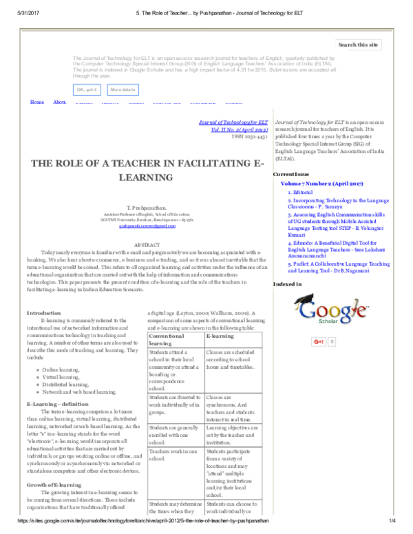 (PDF) THE ROLE OF A TEACHER IN FACILITATING E­ LEARNING