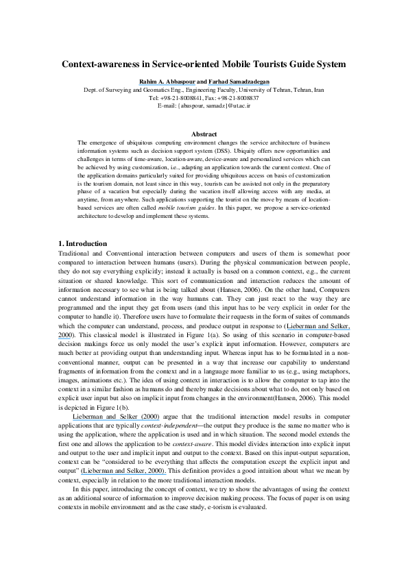 (PDF) Context-awareness in Service-oriented Mobile Tourists Guide System