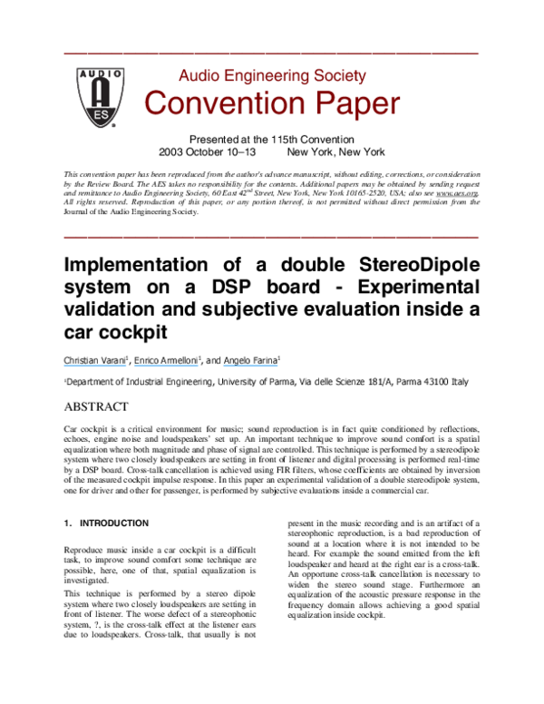 Pdf Implementation Of A Double Stereodipole System On A Dsp Board Experimental Validation And
