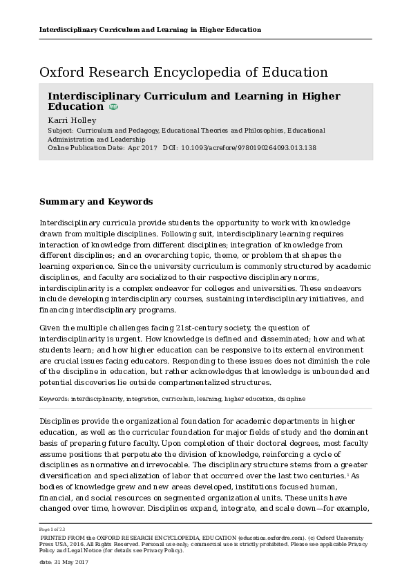 (PDF) Interdisciplinary Curriculum and Learning in Higher Education ...