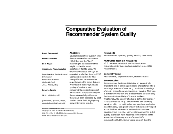 (PDF) Comparative evaluation of recommender system quality
