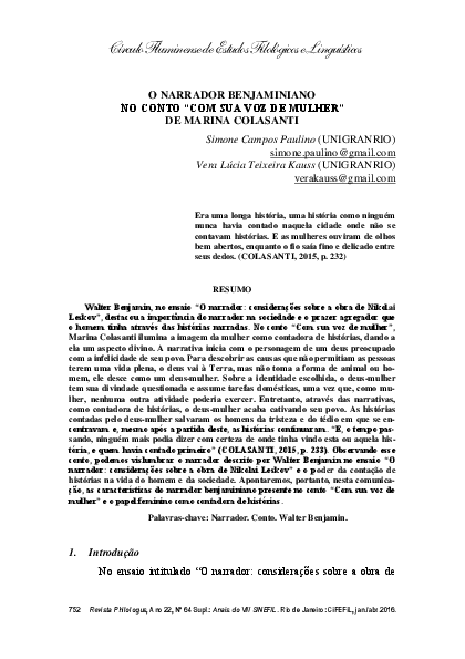 (PDF) O NARRADOR BENJAMINIANO NO CONTO " COM SUA VOZ DE MULHER " DE MARINA COLASANTI