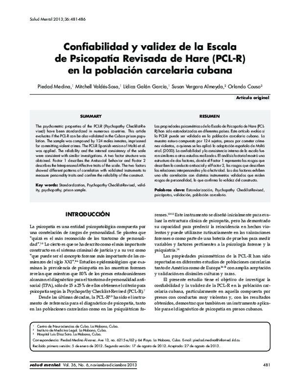 (PDF) Confiabilidad y validez de la Escala de Psicopatía Revisada de ...