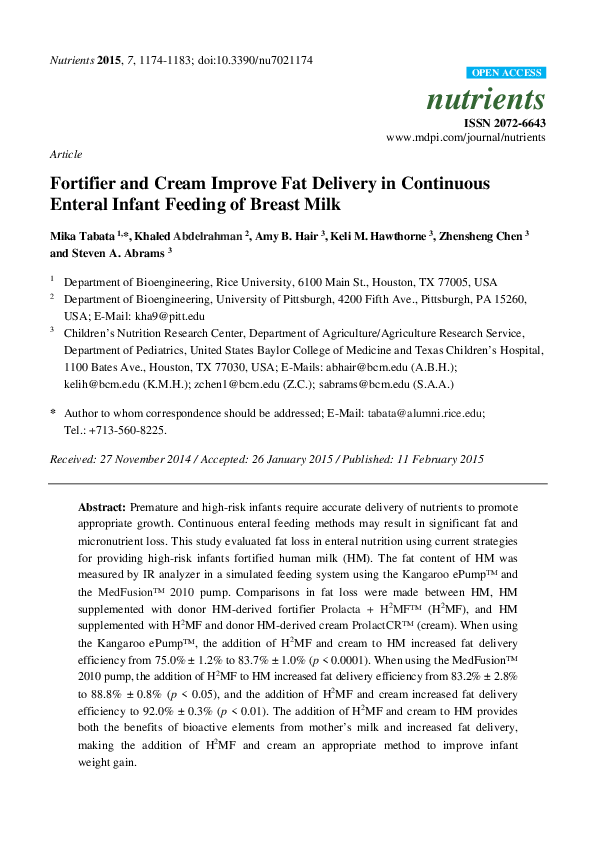 (PDF) Fortifier and Cream Improve Fat Delivery in Continuous Enteral Infant Feeding of Breast Milk